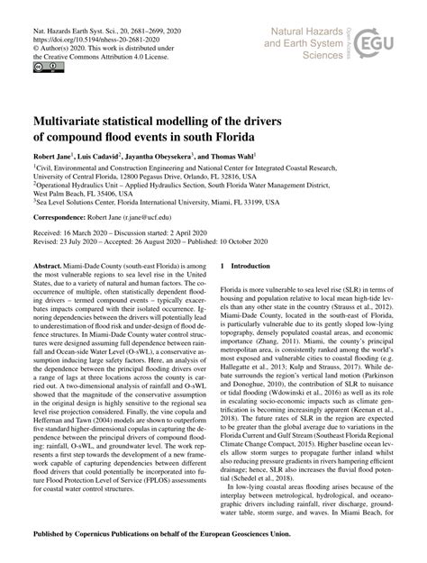 Pdf Multivariate Statistical Modelling Of The Drivers Of Compound Flood Events In South Florida