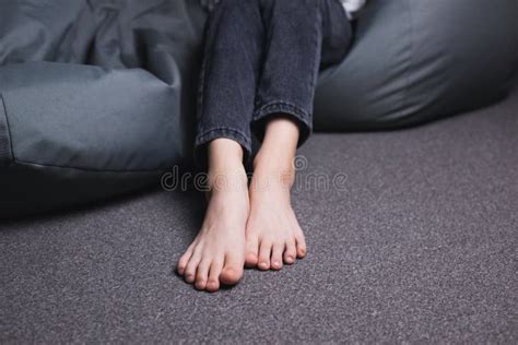 Bare Feet Of A Girl A Girl In Jeans With Bare Feet Foot And Heel Stock Image Image Of Bare