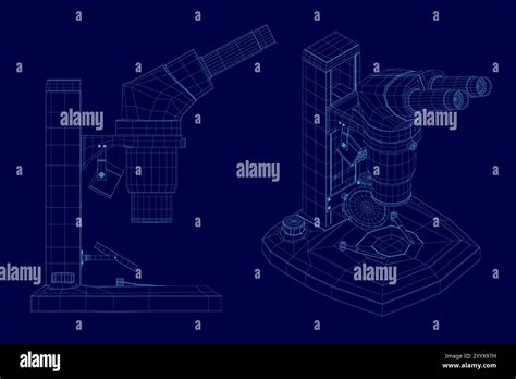 Vector Illustration Wireframe 3d Set Microscope Science Lab Magnify Tool Isometric Side View