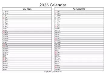 Download July August Calendar 2026 With Notes Week Start On Sunday