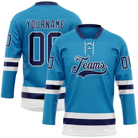 2024 Custom Panther Blue Navy White Hockey Lace Neck Jersey Sale Online