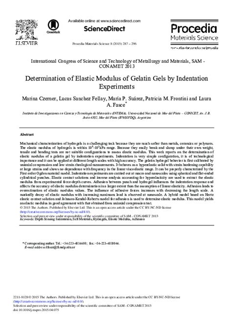 Pdf Determination Of Elastic Modulus Of Gelatin Gels By Indentation