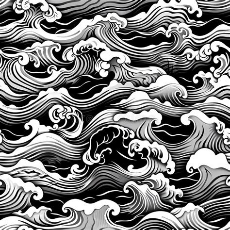 Monochrome Seamless Waves Pattern With Cloud And Water Elements Ai