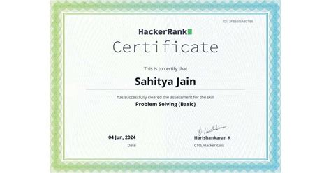 Earned Basic Problem Solving Certificate At Hackerrank Sahitya Jain