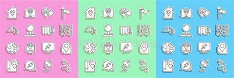 Set Line Route Location Folded Map With Marker Location House Toll Road Traffic And Icon