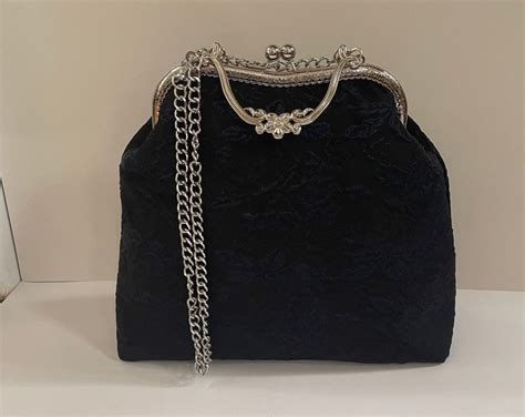 Black Satin Clutch Bag Floral Embossed Kiss Lock Vintage Evening