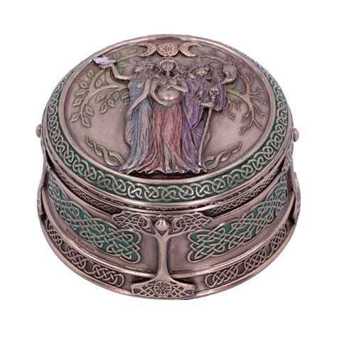 Dark Fantasy Bronze Maiden Mother Crone Triple Moon Pagan Trinket Box