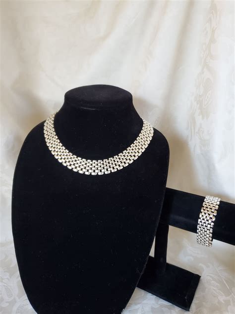 Vintage Polished Silver Tone Metal Basket Weave Link Chain Choker