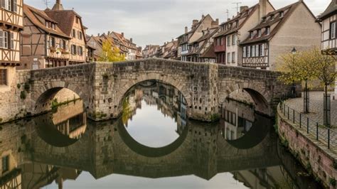 Medieval Stone Bridge And Half Timbered Houses Reflection In Canal
