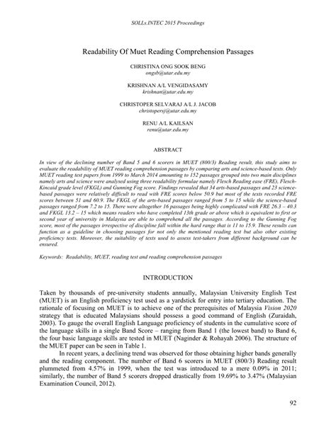 Pdf Readability Of Muet Reading Comprehension Passages