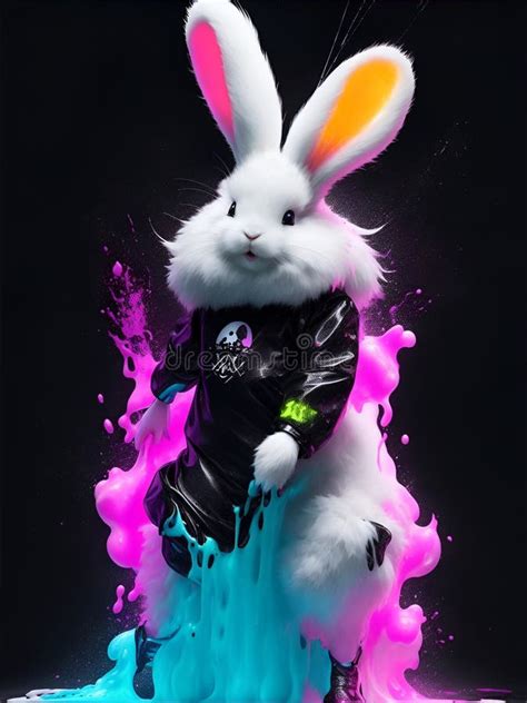 White Fluffy Rabbit In A Black Latex Costume Stock Illustration