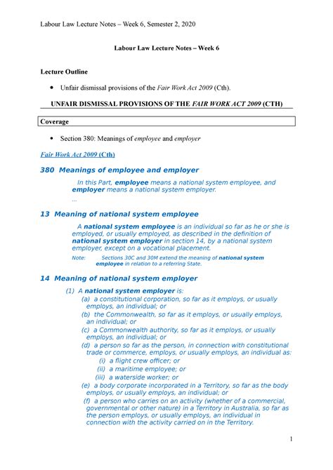 Week 6 Labour Law Notes Labour Law Lecture Notes Week 6 Lecture