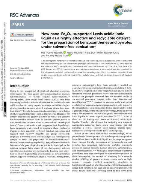 Pdf New Nano Fe 3 O 4 Supported Lewis Acidic Ionic Liquid As A Highly Effective And