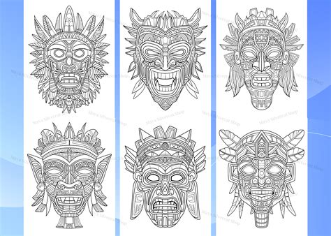 Mayan And Aztec Masks Coloring Pages For Adults 48 Printable Pages