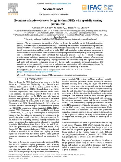Boundary Adaptive Observer Design For Heat Pdes With Spati 2023 Ifac Paperso Pdf Partial