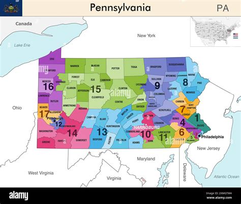 Pennsylvania State Map With Counties Borders And Colored Congressional