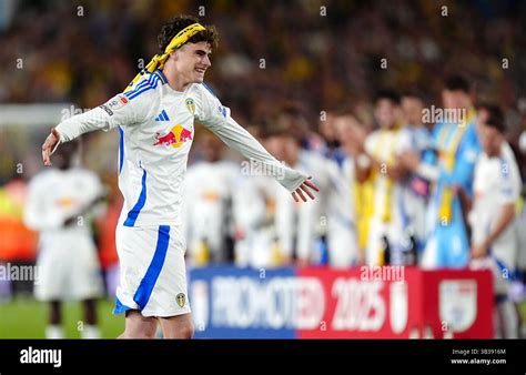 Leeds Uniteds Harry Gray Celebrates Promotion To The Premier League Following The Sky Bet