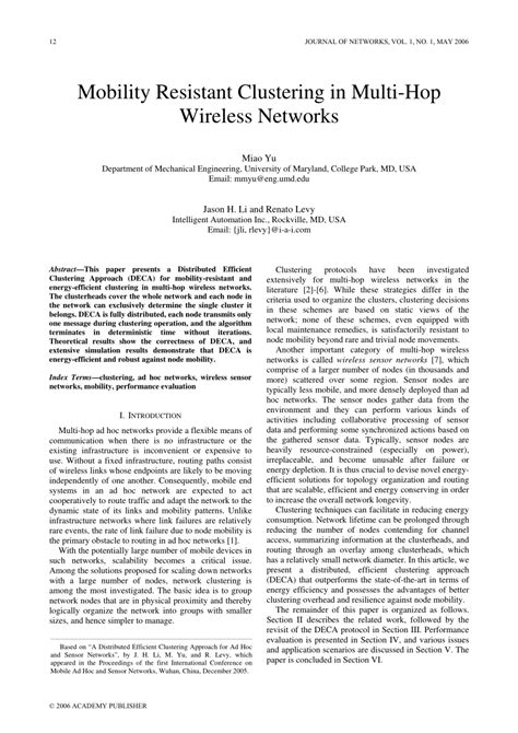 Pdf Mobility Resistant Clustering In Multi Hop Wireless Networks