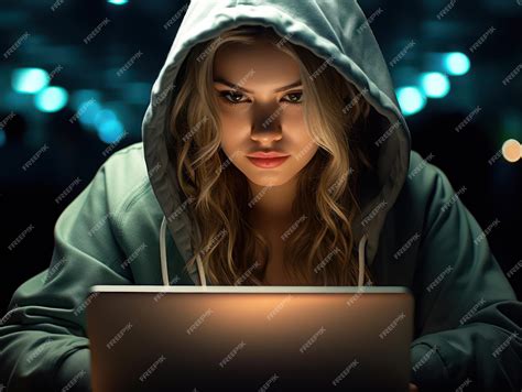 Premium Photo Hacker Girl A Programmer Girl In A Hood Is Working On