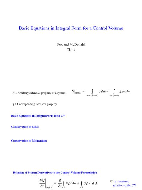 Basic Equations In Integral Form For A Control Volume Part 1 Pdf Momentum Motion Physics