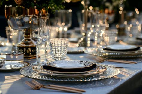 Elegant Dinnerware Sparkling On Table Setting For A Celebration Stock