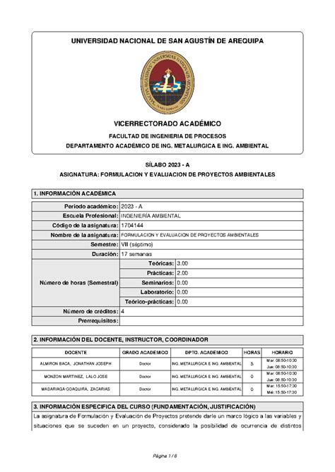 Síllabo 1704144 Formulación Y Evaluación De Proyectos Ambientales