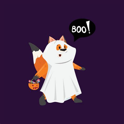 Fox Dressed As A Ghost Carrying A Pumpkin Basket Full Of Sweets