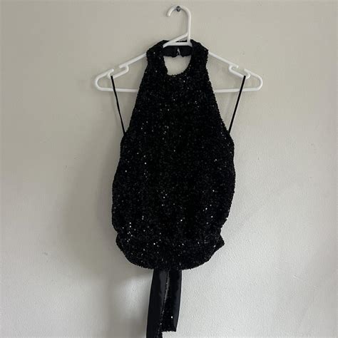 Black Sequin Halter Top With Tie Back Detail Size 36 Depop