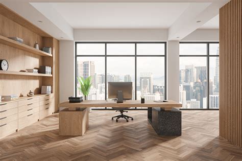 업무용 책상 Pc 책상 및 창문 근처 선반이 있는 목재 비즈니스 인테리어 0명에 대한 스톡 사진 및 기타 이미지 0명 3