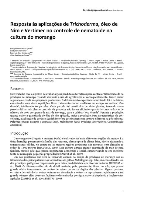 Pdf Resposta às Aplicações De Trichoderma óleo De Nim E Vertimec No