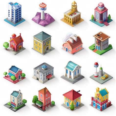 Premium Photo Buildings 3d Icons Colorful Real Color White Background