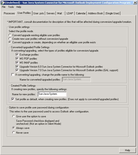 User Profiles Tab Sun Java System Connector For Microsoft Outlook 7 2 Administration Guide