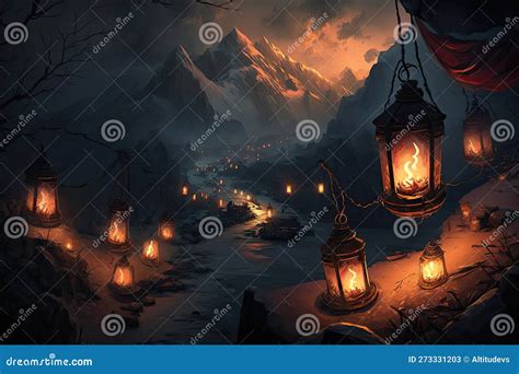 Lanterns And Flames Burning In The Night Illuminating A Bleak Landscape Stock Illustration