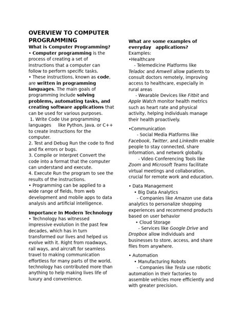 Overview To Computer Programming Pdf Programming Language