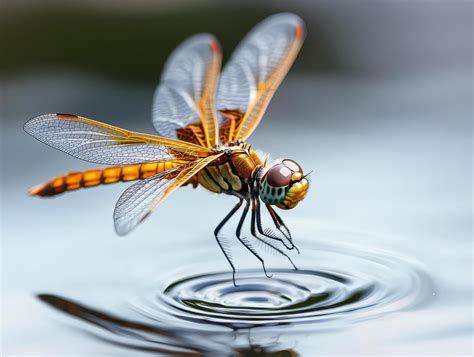 Dragonfly Hovering Over Water Surface With Ripples Detailed Wings And