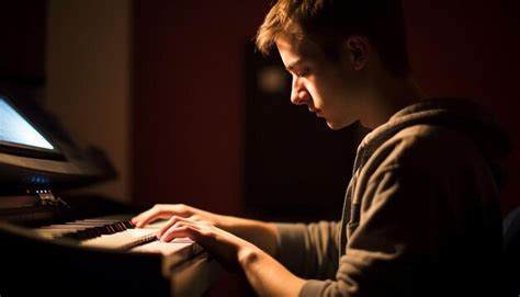 A Young Man Plays A Piano In A Dark Room Premium Ai Generated Image