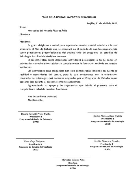 Carta Presentacion Plan De Trabajo Pdf