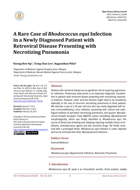 Pdf A Rare Case Of Rhodococcus Equi Infection In A Newly Diagnosed