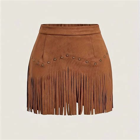 Viworld Western Fringe Mini Skirt A Line Denim Style With Decorative