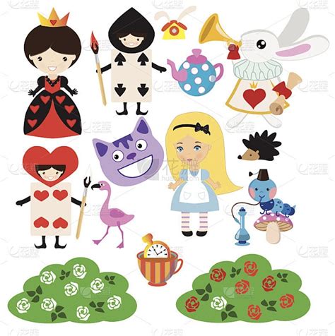 爱丽丝梦游仙境矢量插图素材 花瓣网