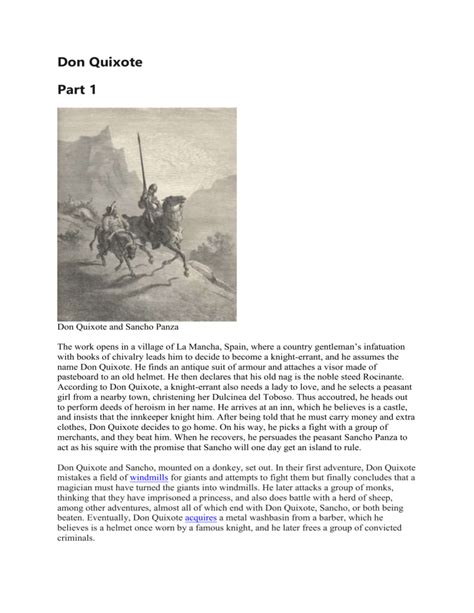 Don Quixote Part 1 Summary Adventures Of Quixote And Panza