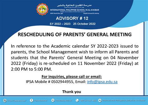 Announcement Ipsa International Philippine School In Al Khobar
