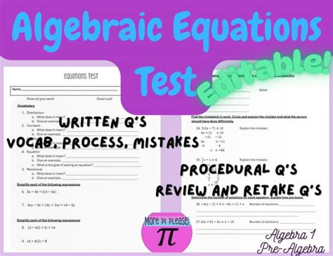 Algebraic Equations Test Editable Equations And Writing Promptsqs