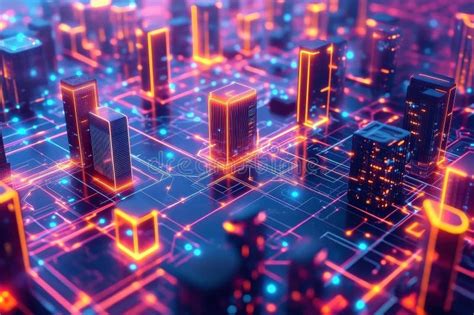 Futuristic Cityscape With Blockchain Inspired Digital Design Stock