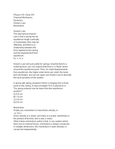 Physics 161 Class 3w Phys 161 Notes Physics 161 Class 3w Classical