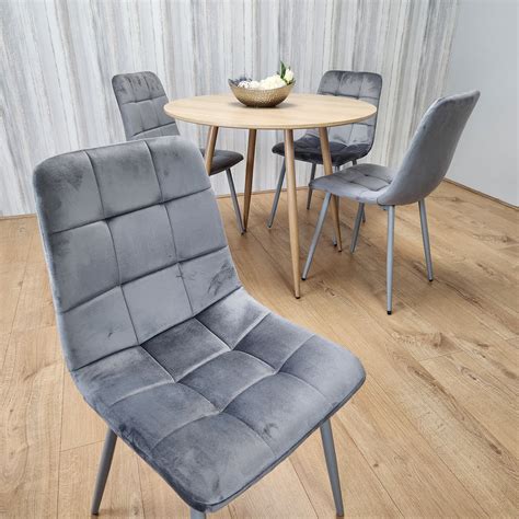 Round Oak Effect Dining Table With 4 Grey Velvet Tufted Chairs Dining Set