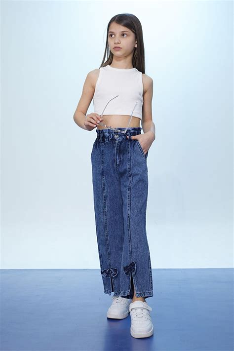 Mavİ Mavi Yüksek Bel Yırtmaçlı Paçası Fiyonklu Kız Çocuk Jean Pantolon 18368 S000155898 17234