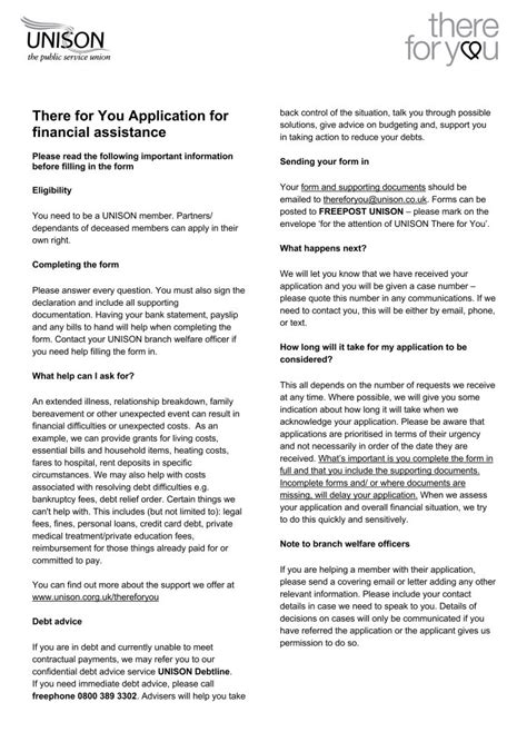 Unison Welfare Application For Financial Assistance Form There For You Unison Shop