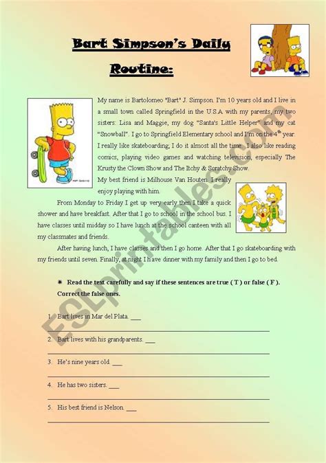 Bart Simpson´s Daily Routine Esl Worksheet By Carlitta