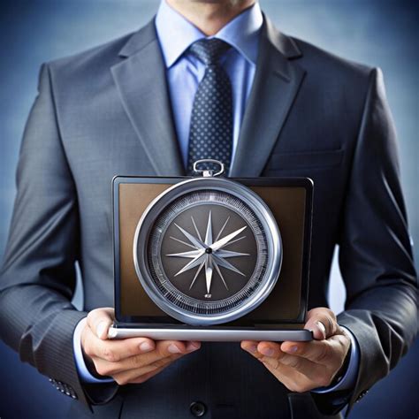 Businessman Holding A Compass On Searching Screen In Laptop Background